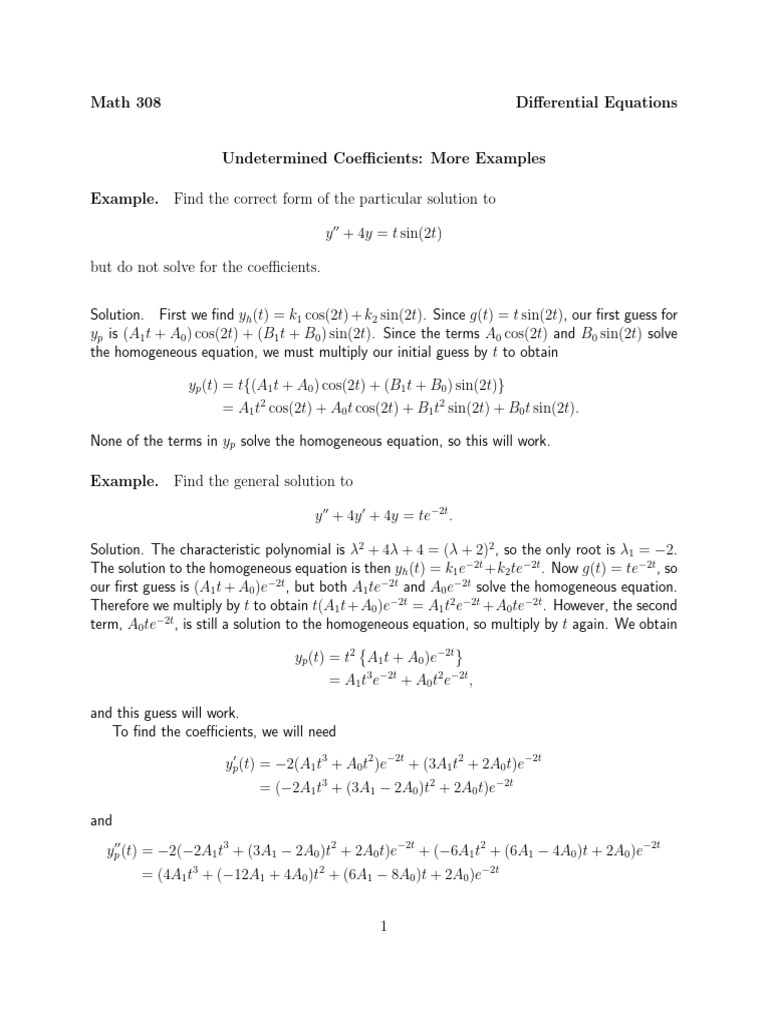 Differential Equations: Undetermined Coefficients Examples | PDF ...