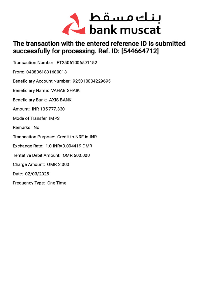 Bank Muscat OMR to INR Transaction Details | PDF