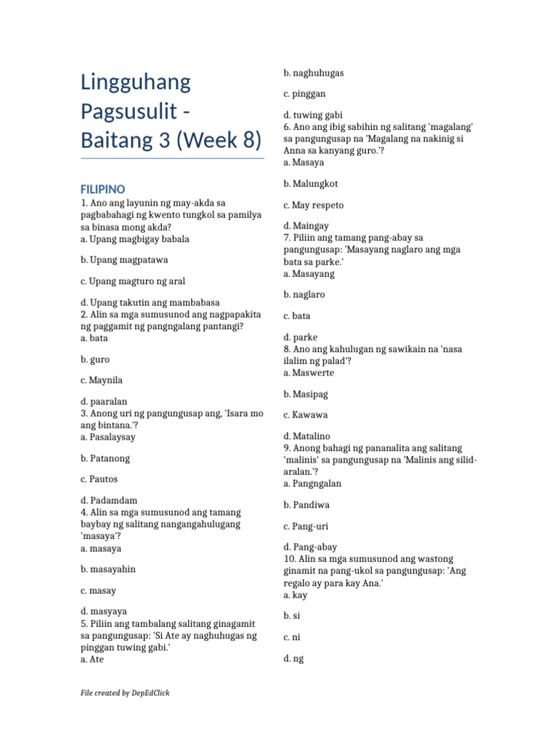 Grade 3 Weekly Test q1 Week 8 Part 1 | PDF