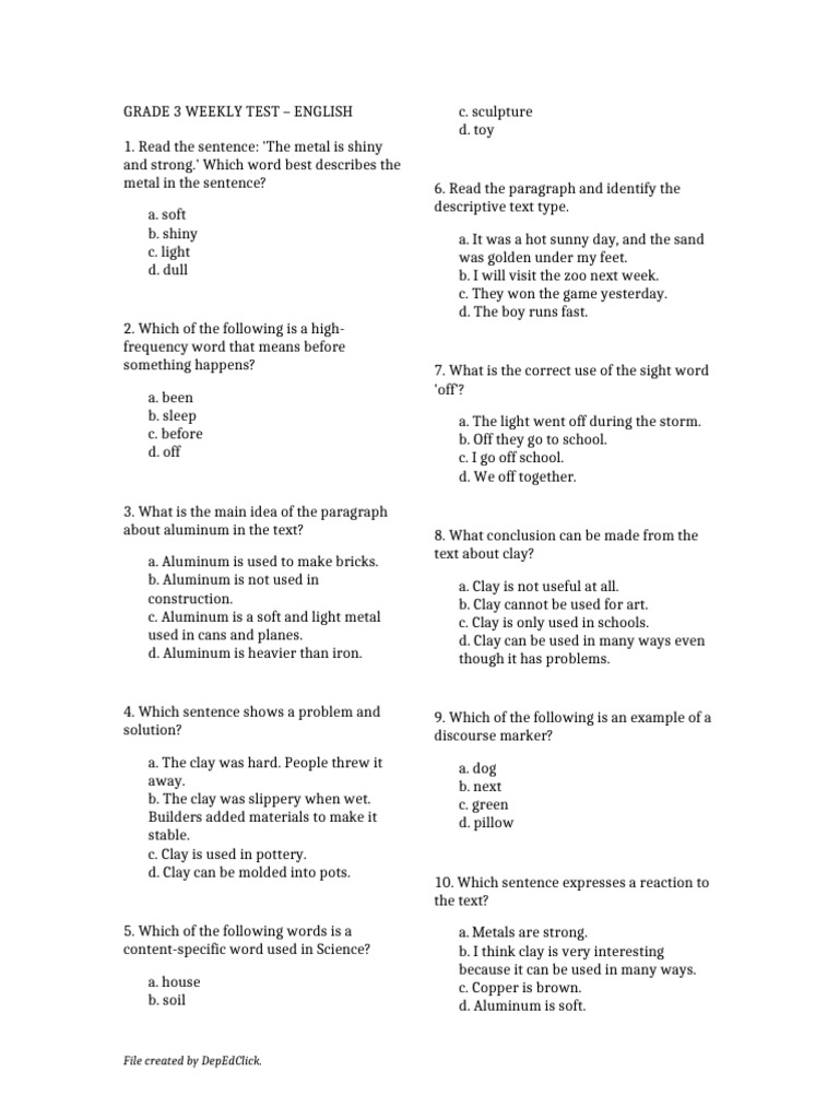 Grade 3 Weekly Test Part 2 | PDF | Materials