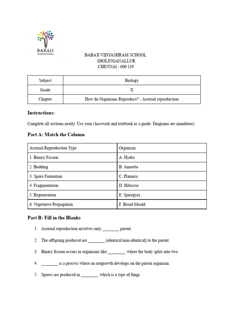 Asexual Reproduction Worksheet | PDF