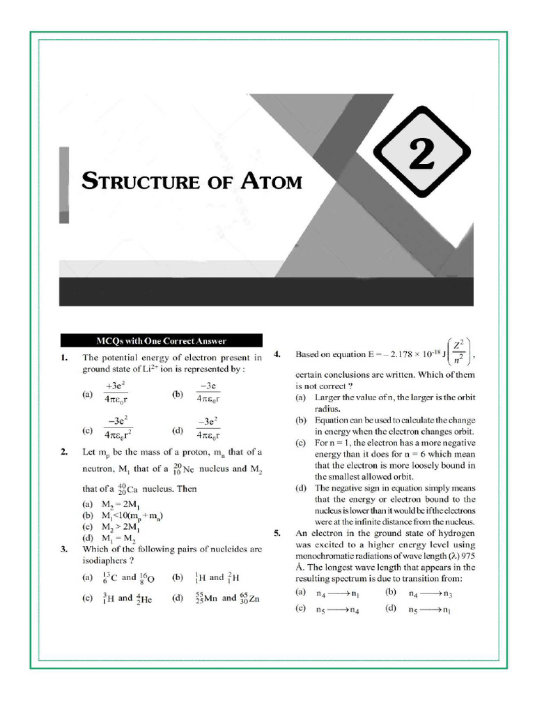 Practise MCQs Structure of Atom | PDF