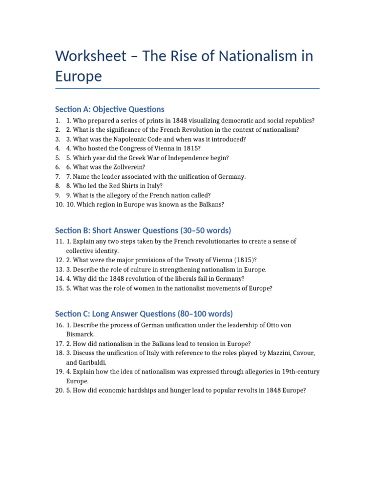 Nationalism in 19th Century Europe Worksheet | PDF