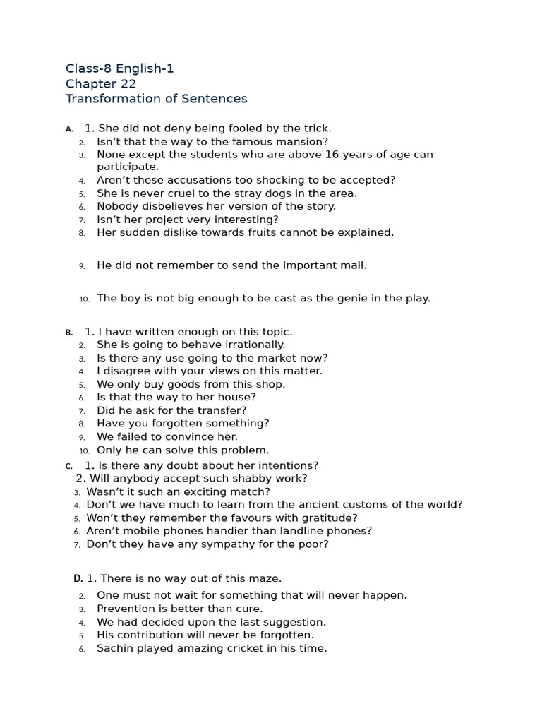 English-1 Chapter 22 Transformation of Sentences | PDF