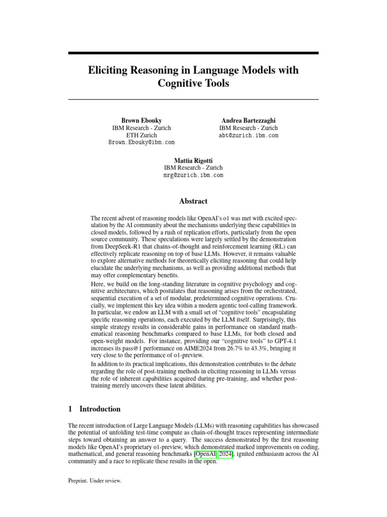 Eliciting Reasoning in Language Models With Cognitive Tools | PDF | Mathematics | Algebra