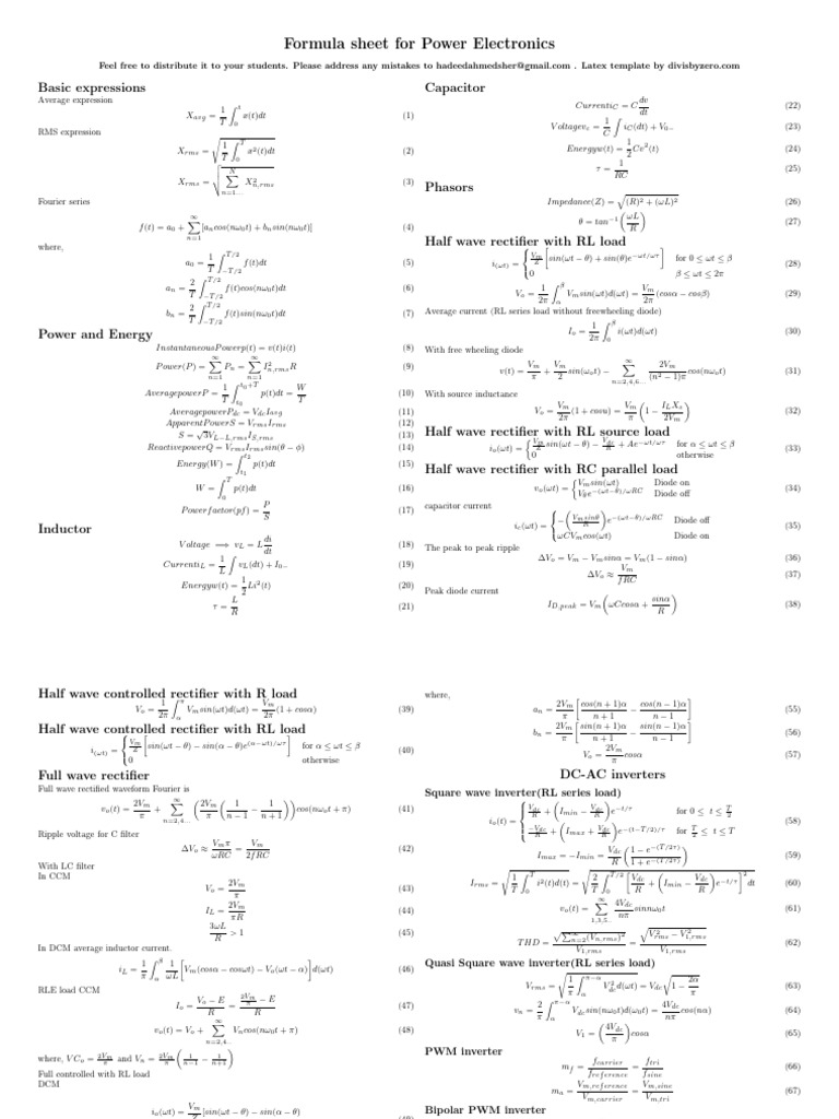 Formulae Sheet | PDF | Rectifier | Power Inverter