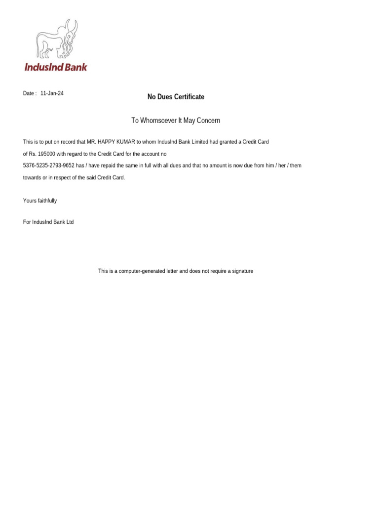 IndusInd Bank No Dues Certificate | PDF