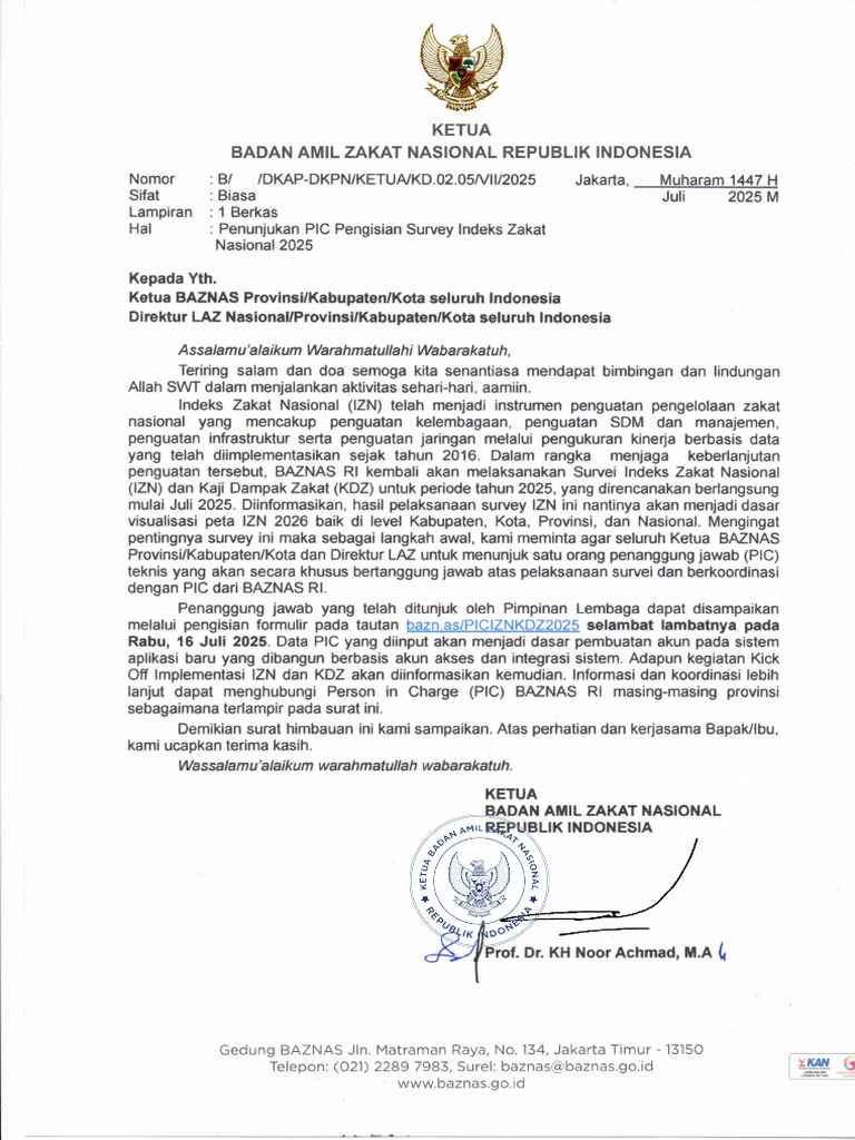 Surat Penunjukan PIC Pengisian Survey Indeks Zakat Nasional 2025 | PDF