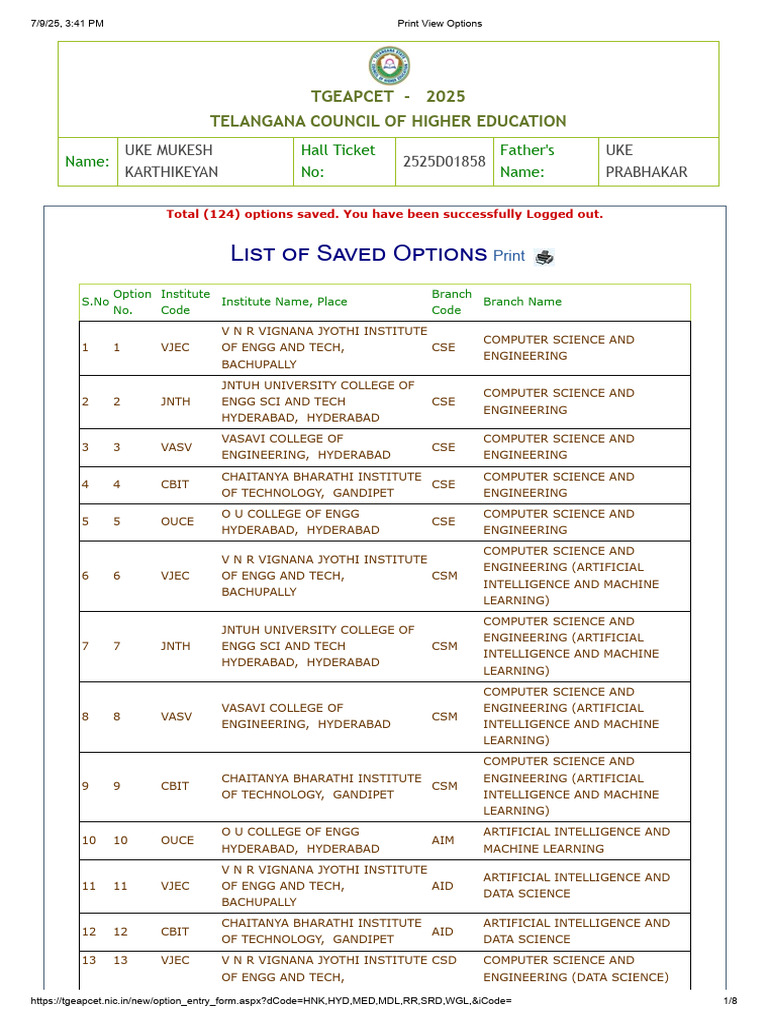 VNR VJEC Admission Options 2025 | PDF | Computer Science | Academic ...