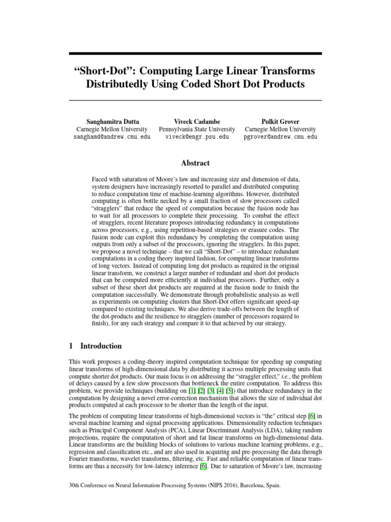 NIPS 2016 Short Dot Computing Large Linear Transforms Distributedly ...