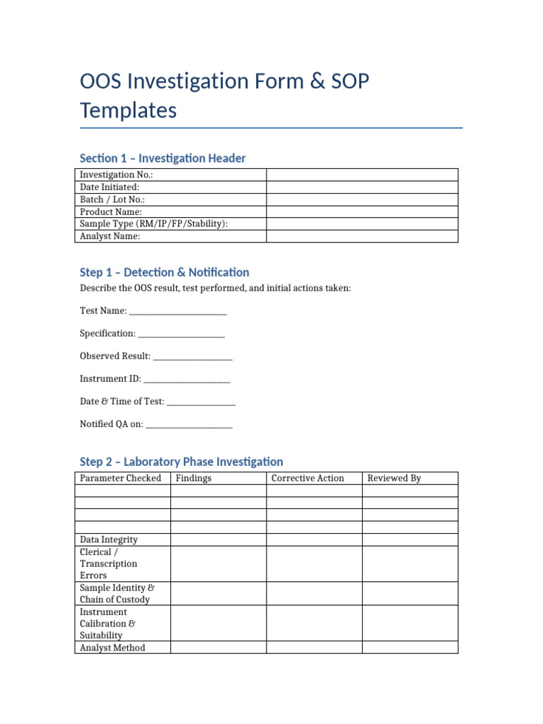 OOS Investigation Form & SOP Guide | PDF