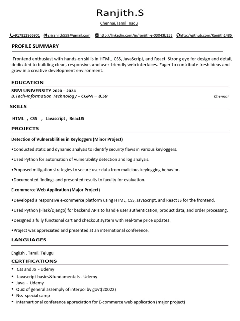 Frontend Developer Resume: Ranjith S. | PDF