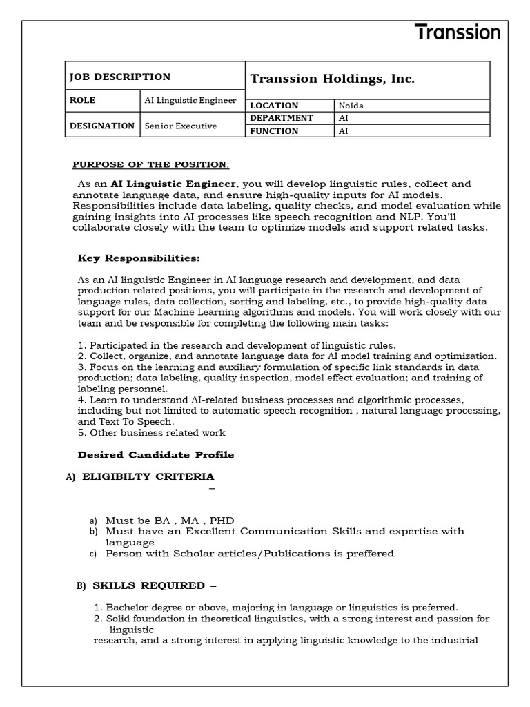 AI Linguistic Engineer Position at Transsion | PDF | Learning ...