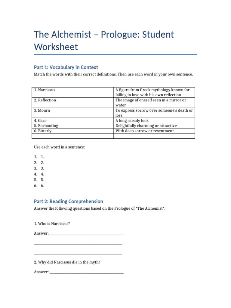 The Alchemist Prologue Worksheet | PDF