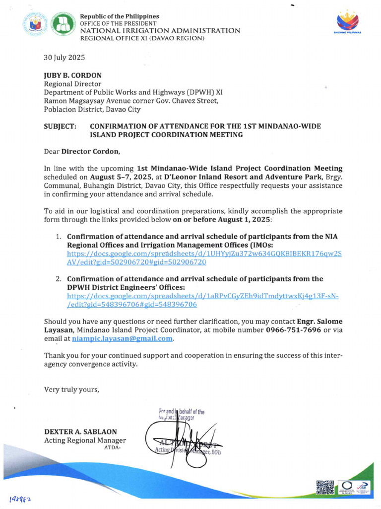 To DPWH R11_Confirmantion of Attendance_Mindanao-wide Coordination Meeting | PDF