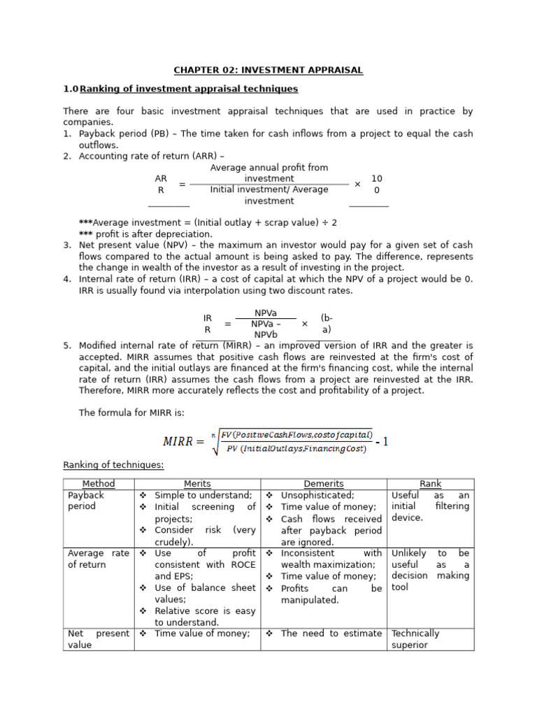 Chapter 02 Investment Appraisal | PDF | Internal Rate Of Return | Net ...