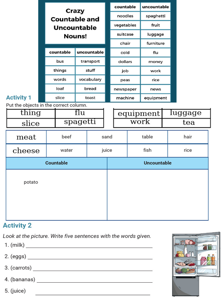 T 1724664336 Esl Uncountable Nouns Activity Sheet Teens A1 Ver 2 PDF | PDF