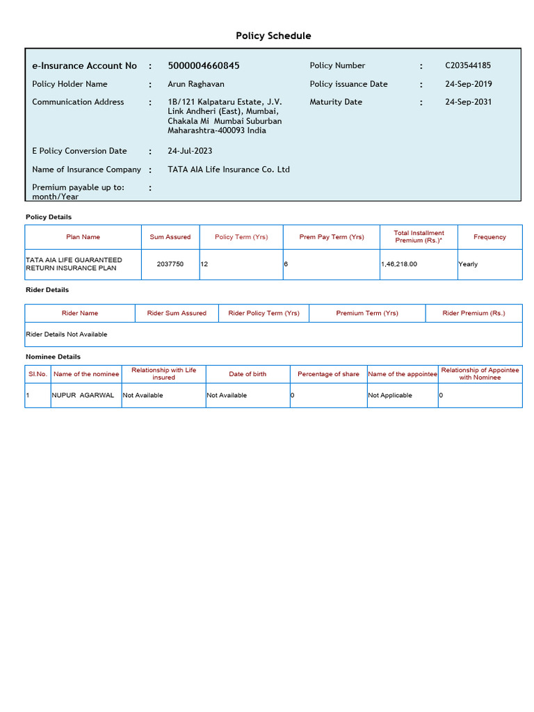 TATA AIA Life Insurance Policy Details | PDF