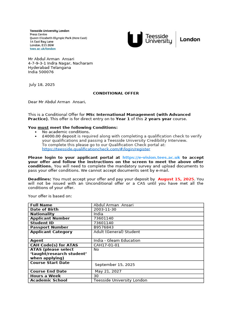 Teesside University Conditional Offer Letter | PDF