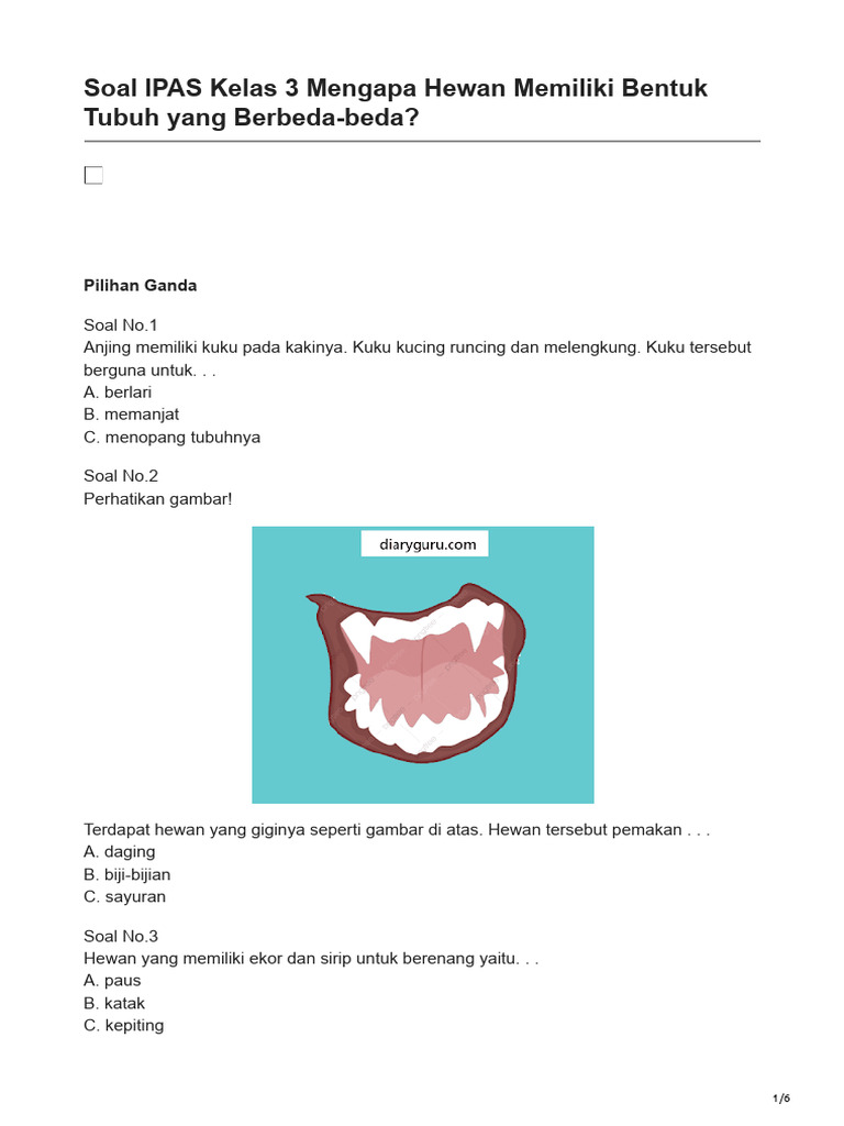 Soal IPAS Kelas 3 Mengapa Hewan Memiliki Bentuk Tubuh Yang Berbeda-Beda | PDF