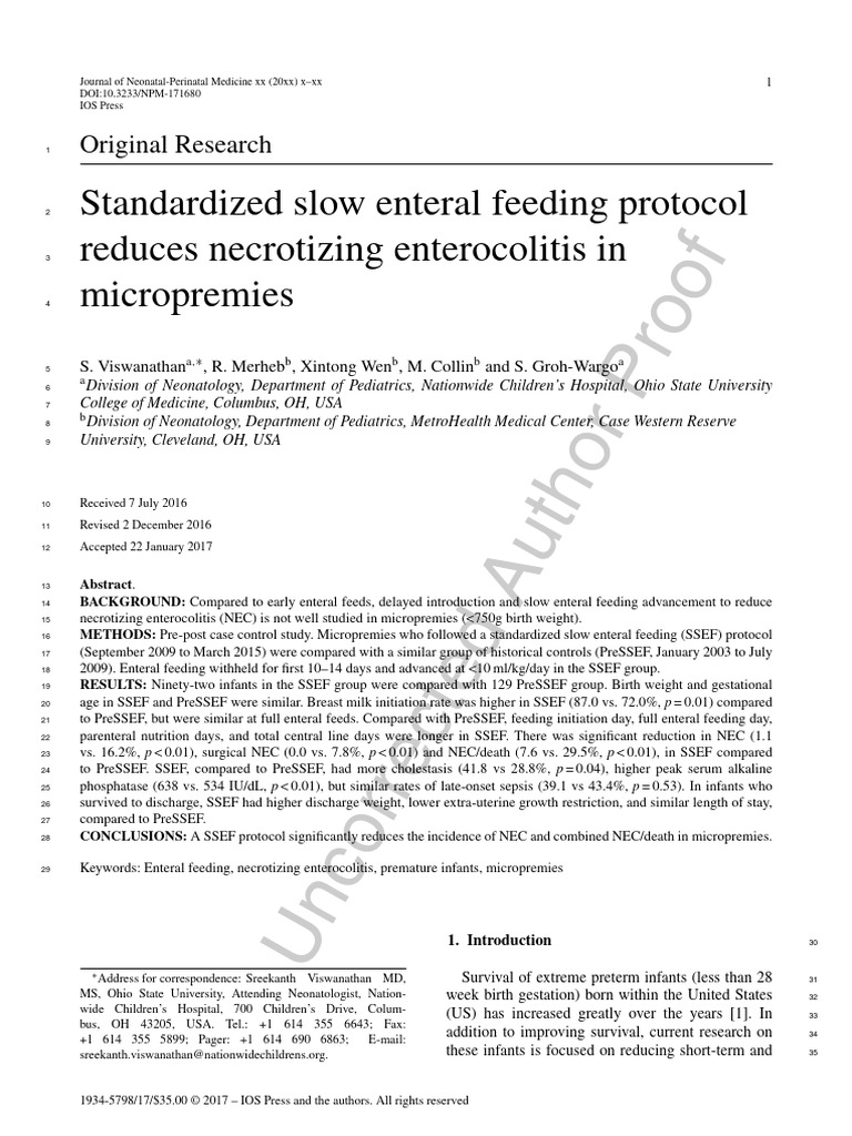Jurnal Standardized Slow Enteral Feeding Protocol Reduces NEC in ...
