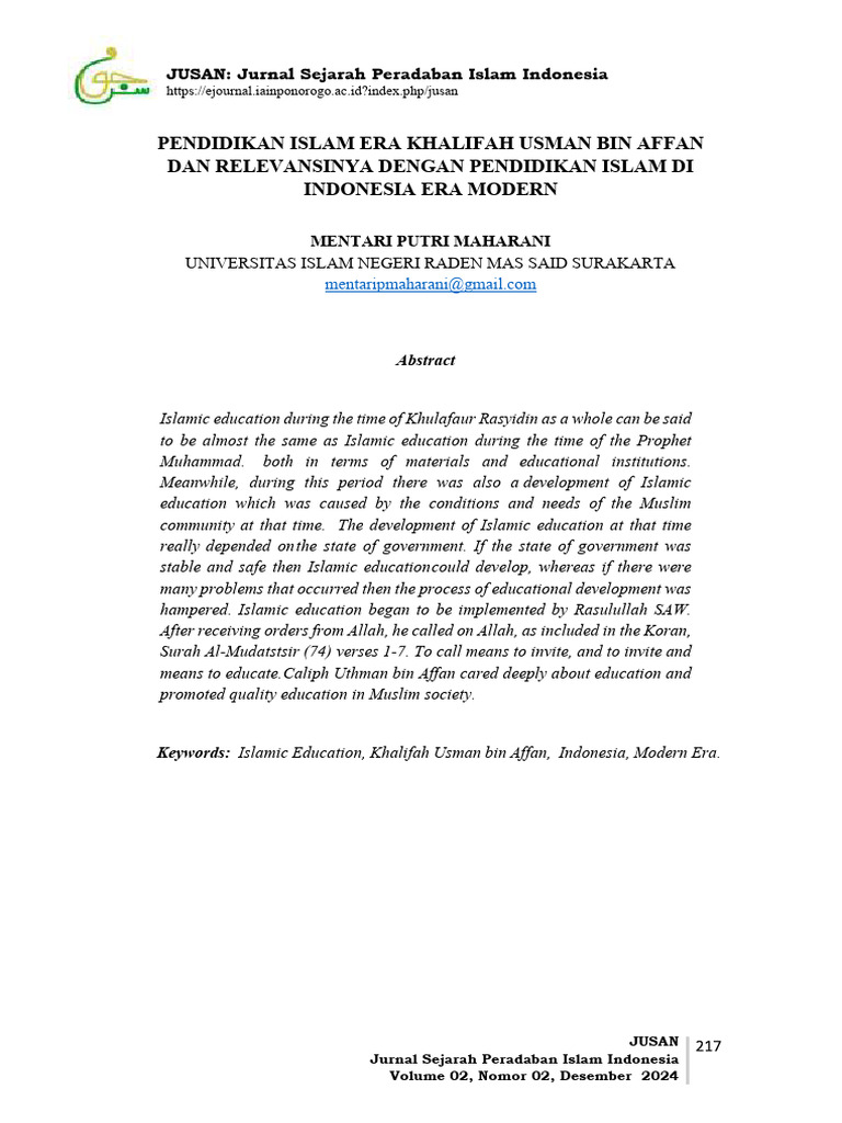 Pendidikan Islam Era Khalifah Usman Bin Affan Dan Relevansinya Dengan Pendidikan Islam Di ...