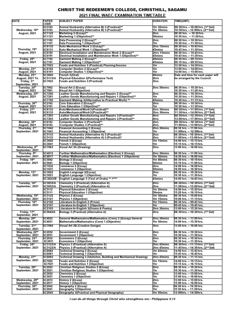 Waec Timetable 2021 | PDF