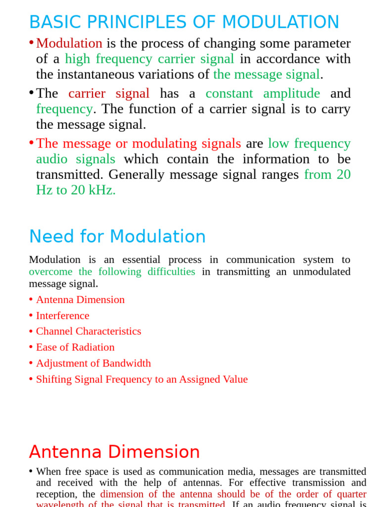 Basic Principles of Modulation and Techniques | PDF | Frequency Modulation | Antenna (Radio)