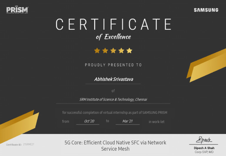 Samsung Certificate of Excellence Nw09srm - Abhishek | PDF