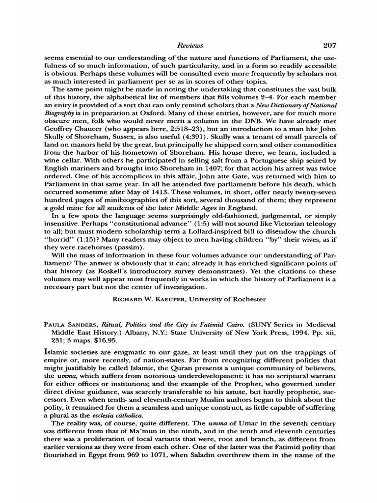 Reviews 207: PAULA SANDERS, Ritual, Politics and The City in Fatimid Cairo. (SUNY Series in ...