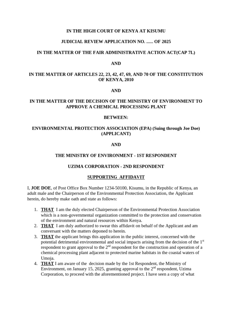 Supporting Affidavit for an Originating Motion | PDF | Environmental Impact Assessment | Natural ...