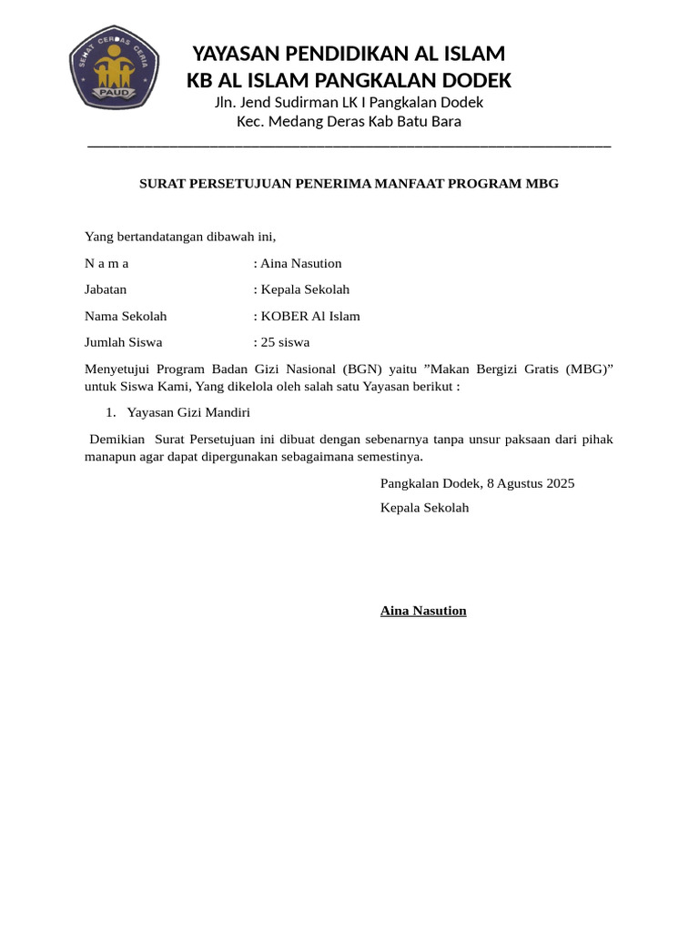 Surat Persetujuan Program MBG | PDF