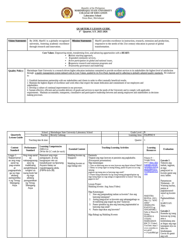 Lesson Guide 2025 2026 Filipino Gr.9 | PDF