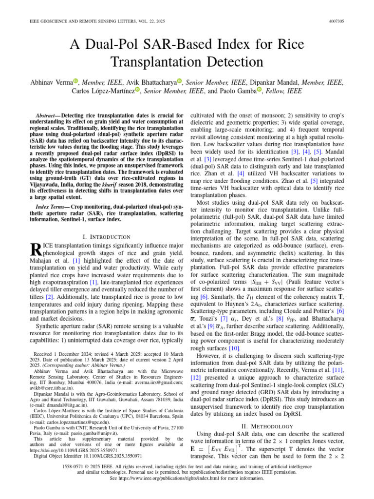 A Dual-Pol SAR-Based Index For Rice Transplantation Detection | PDF ...
