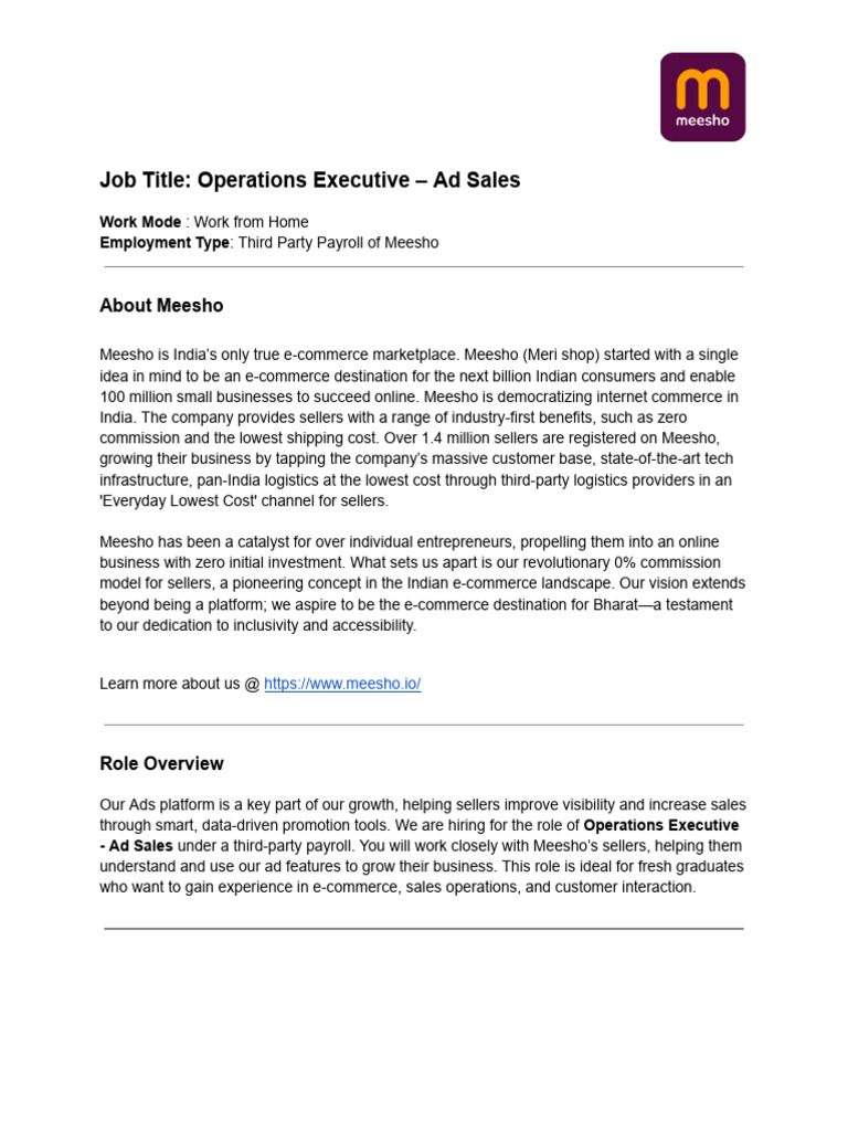 Job Description - Operations Executive - Ad Sales - Meesho | PDF | E ...