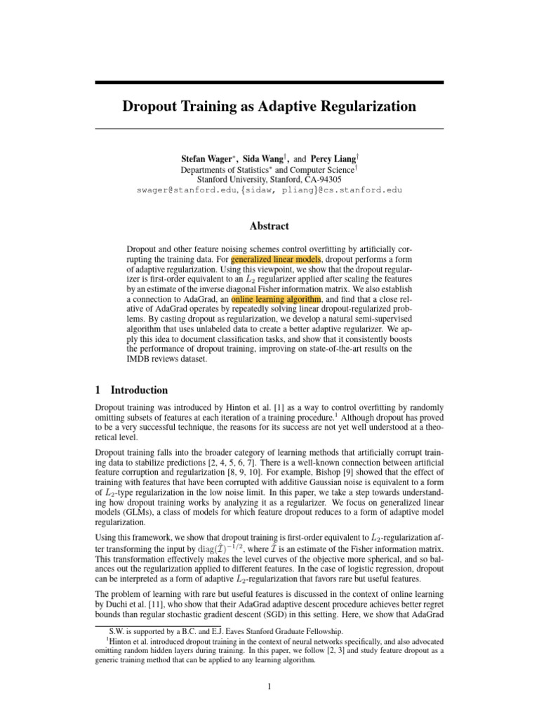 Wager - Dropout Training As Adaptive Regularisation (2013) | PDF ...