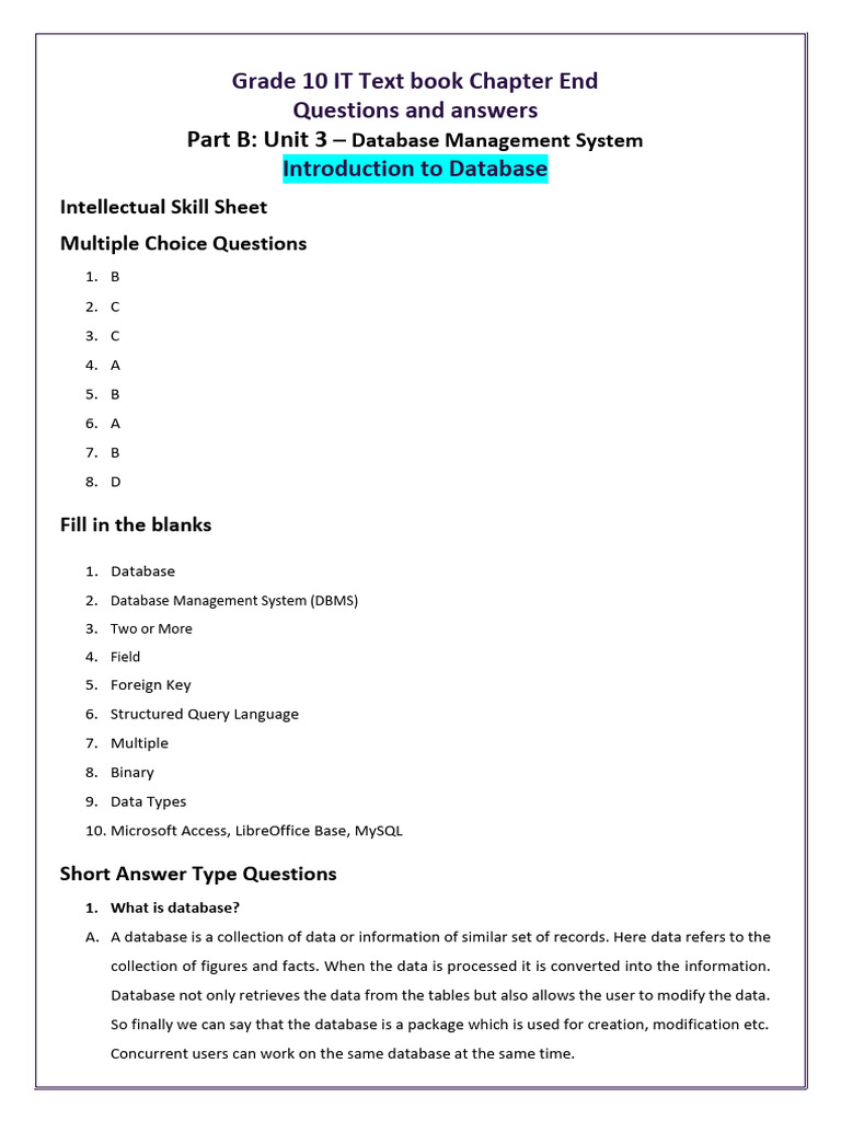 Grade 10-IT-Part B-Unit 3 - DBMS-Text Book and NCERT Chapter End Answers | PDF | Databases ...