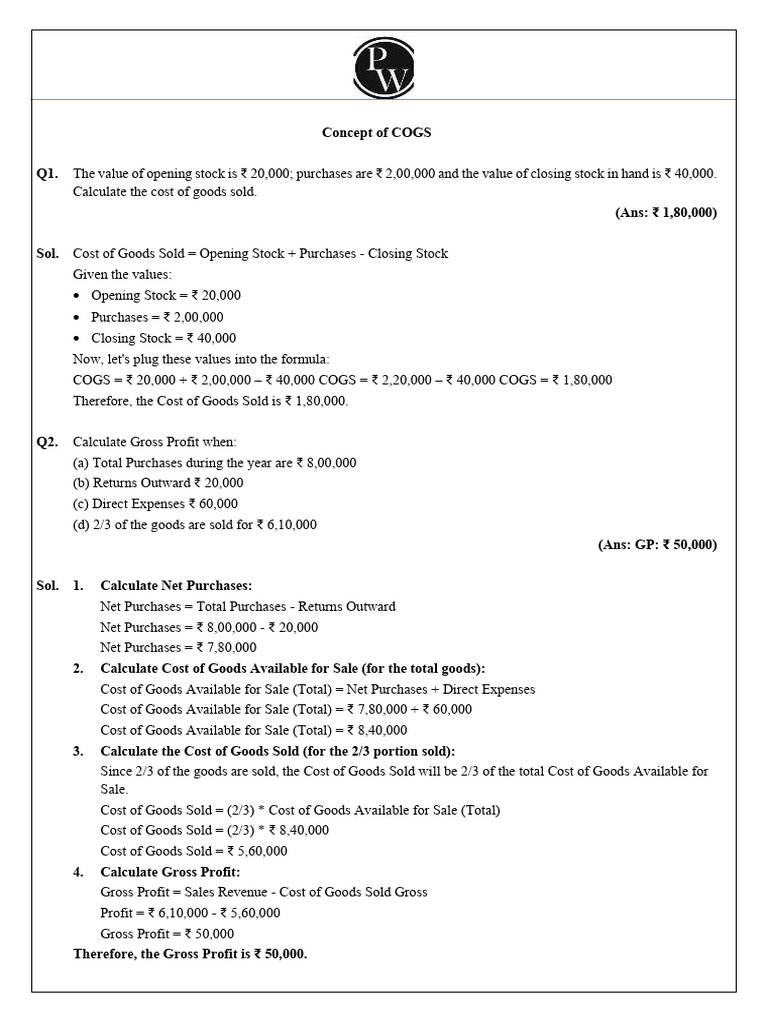 COGS Calculation and Gross Profit Examples | PDF | Cost Of Goods Sold ...