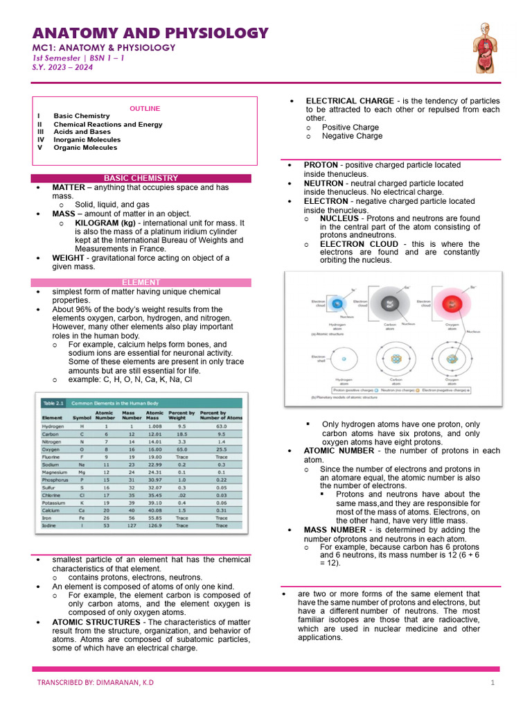 Anaphy - Lec - Chapter 2 - Chemical Basis of Life | PDF | Ion | Atoms