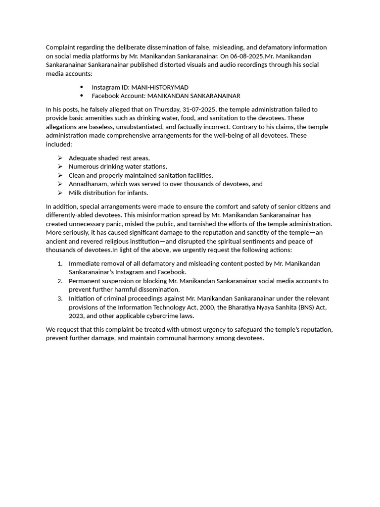 Complaint Against Defamatory Social Media Posts | PDF