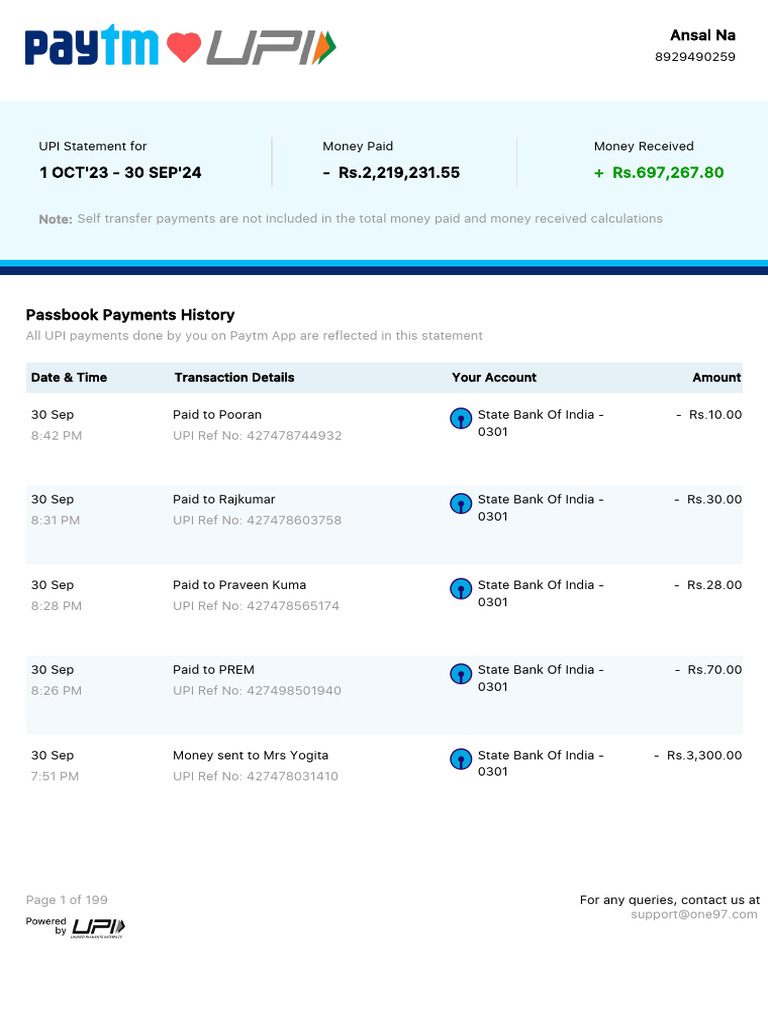 Paytm UPI Statement 01 Oct'23 - 30 Sep'24 | PDF | Financial Services ...