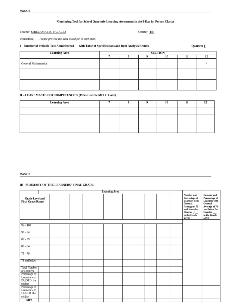 School Quarterly Assessment Monitoring Tool | PDF | Intelligence ...