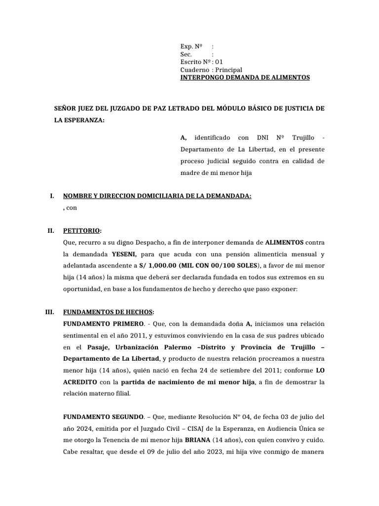 Escrito 01 Demanda de Alimentos | PDF | Pensión alimenticia | Justicia
