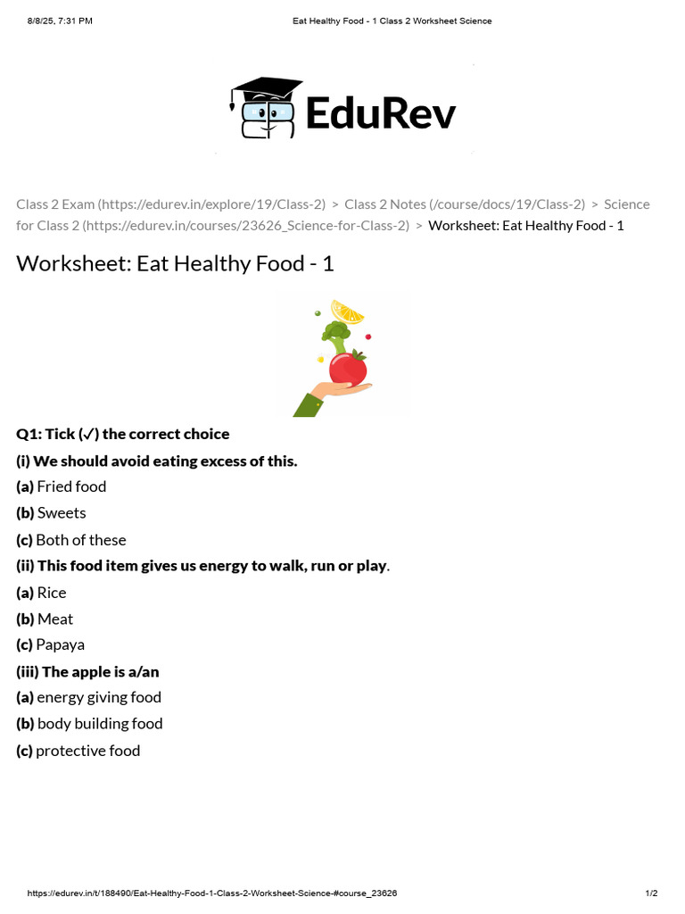 Class 2 Healthy Food Worksheet | PDF