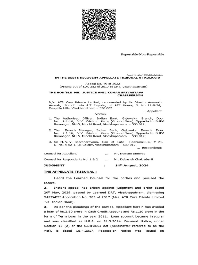 Ms ATR Cars Pvt Ltd v. India Bank- DRAT | PDF