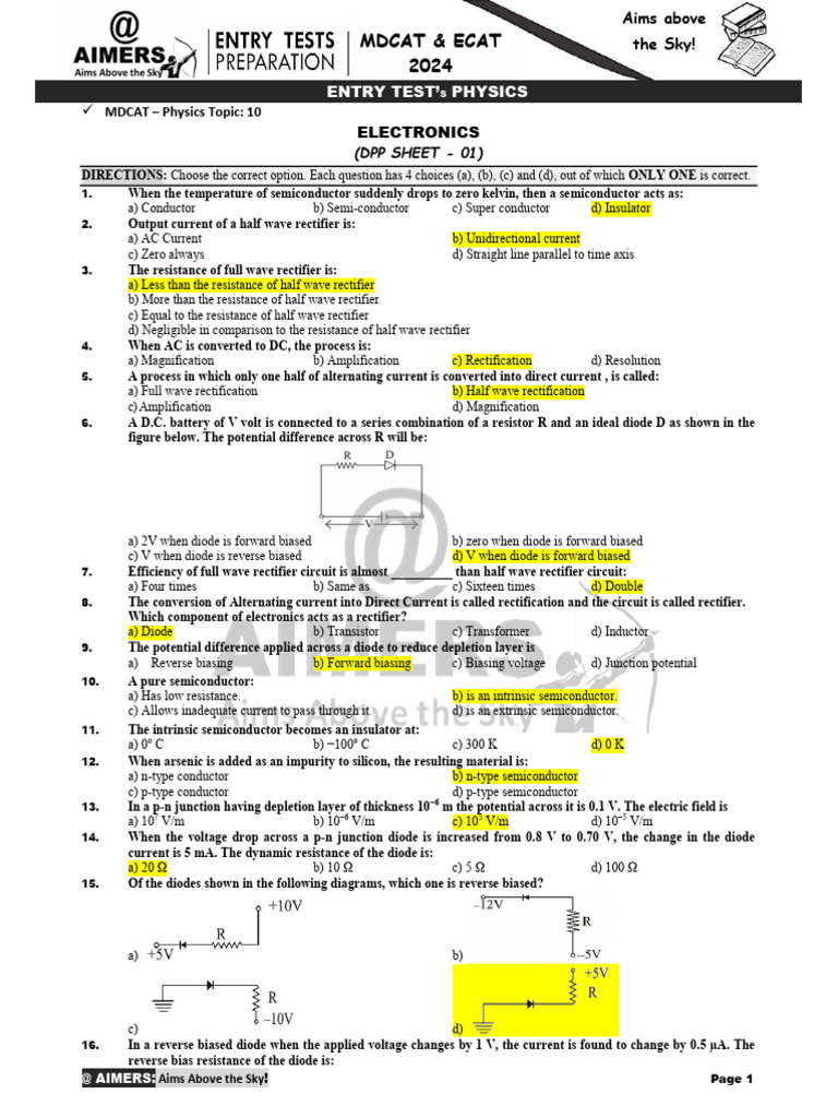 Unit 10 - Electronics (DPP Answer Key) | PDF | P–N Junction | Rectifier