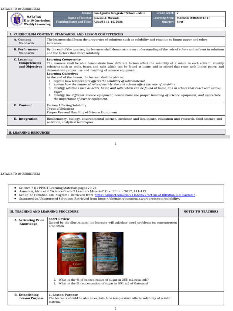DLL Matatag - Science 7 Q1 W8 | PDF | Solubility | Solvation