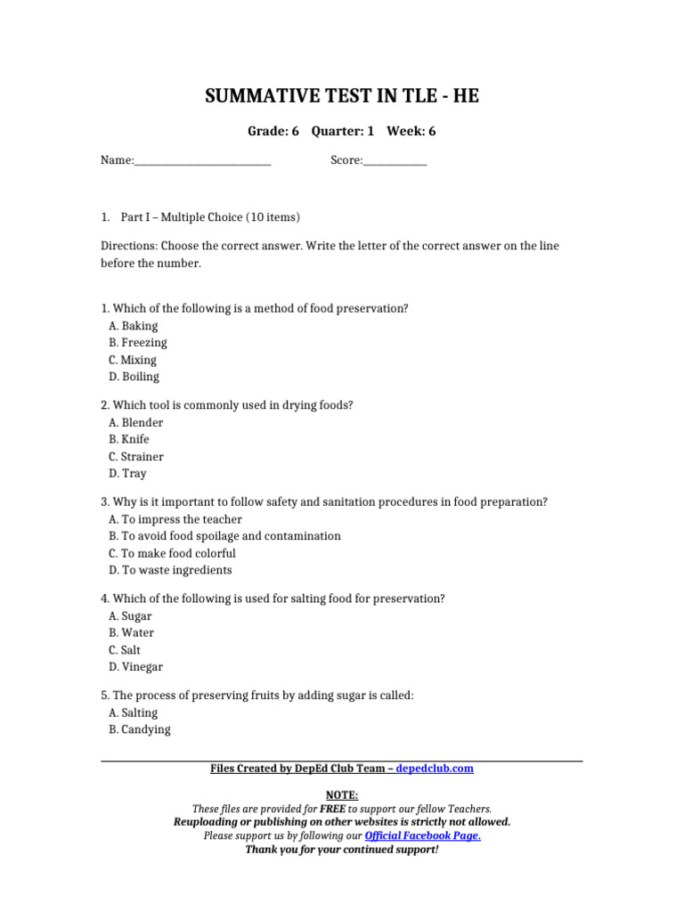 Grade 6 TLE Food Preservation Test | PDF | Food Preservation | Shelf Life