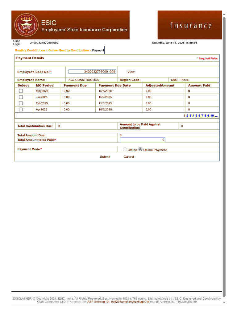 Esic Challan Agl Construction - May-2025 | PDF