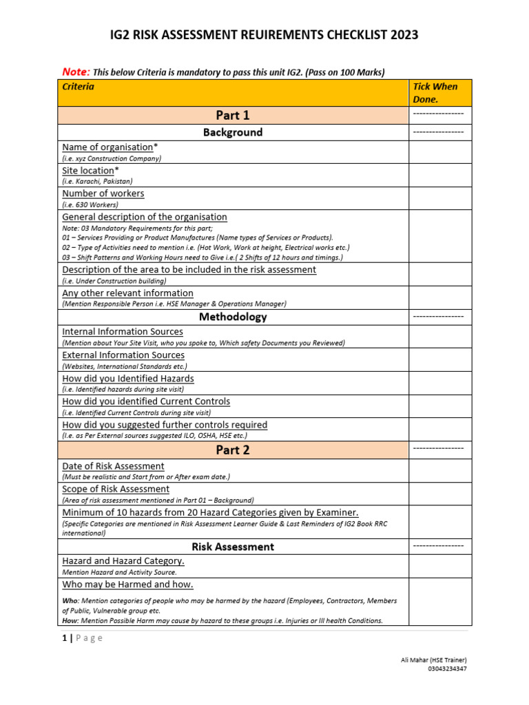 IG2 Risk Assessment Checklist 2023 | PDF | Risk | Hazards